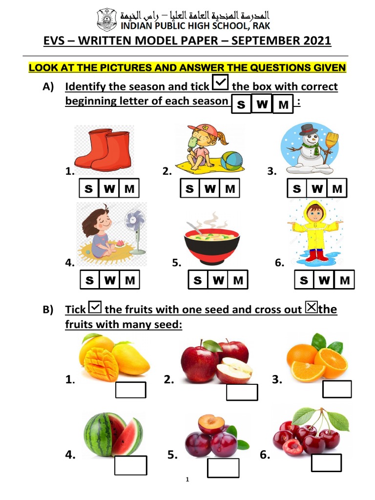 EVS Model Paper - Seasons, Fruits, Body Parts & More | PDF | Trees ...