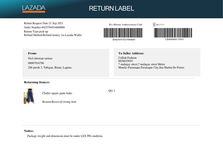 Returnlabel: To Seller Address: From | PDF