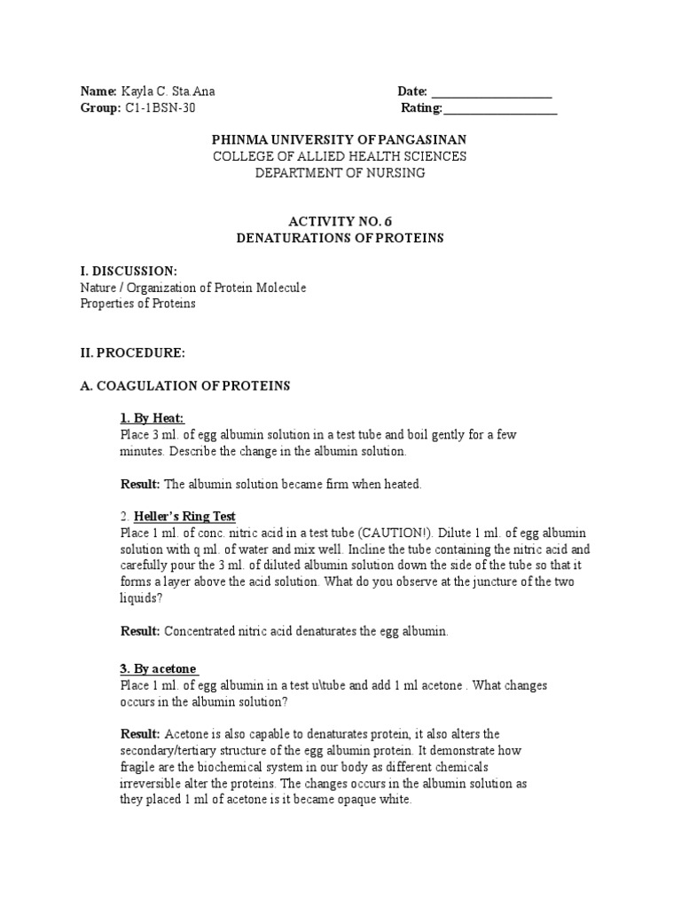 Protein Denaturation Observations | PDF | Denaturation (Biochemistry ...