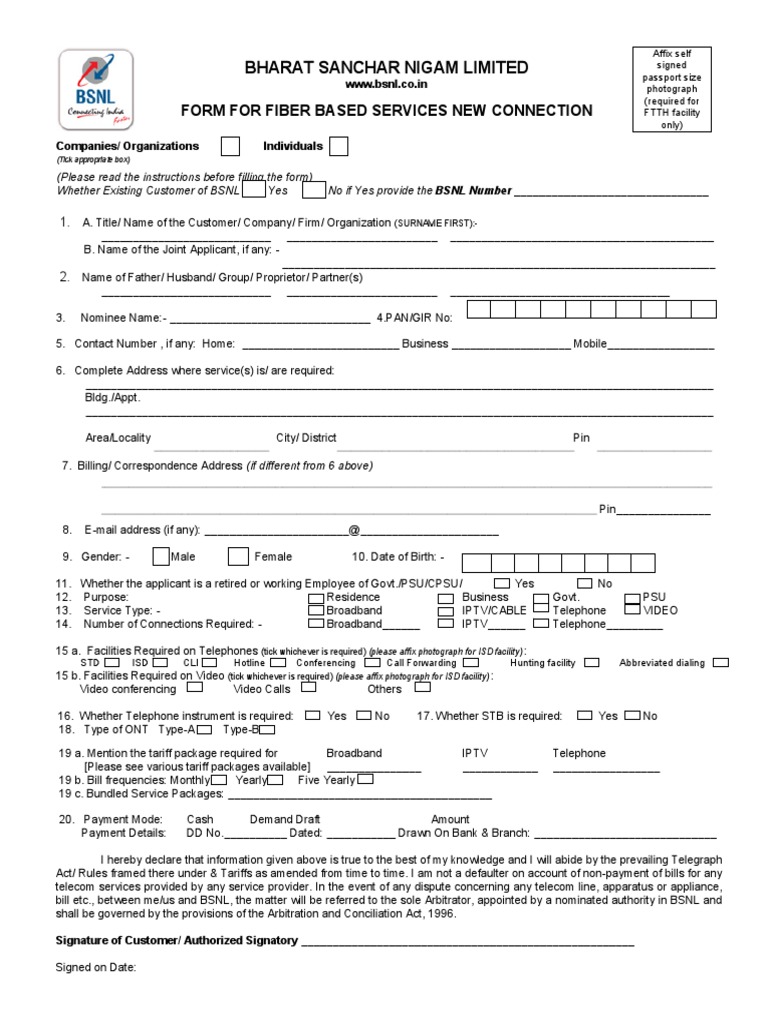 Form For Fiber Based Services New Connection: Bharat Sanchar Nigam ...