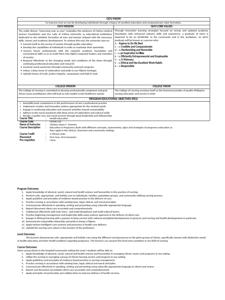 Olfu Vision Olfu Mission Olfu Core Values: Health Education | PDF ...