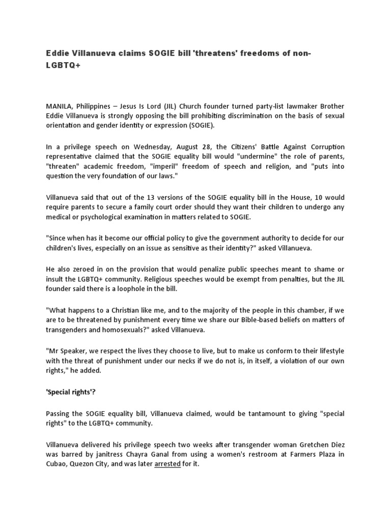Eddie Villanueva Claims SOGIE Bill | PDF | Gender Studies | Gender Equality