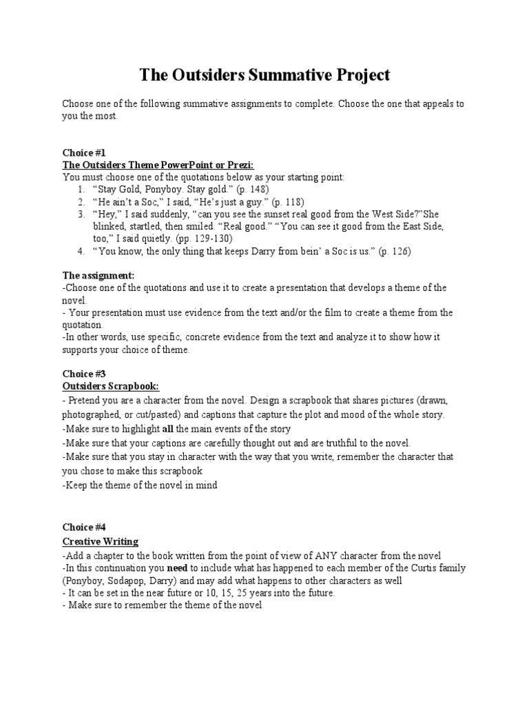 The Outsiders Summative Project | PDF