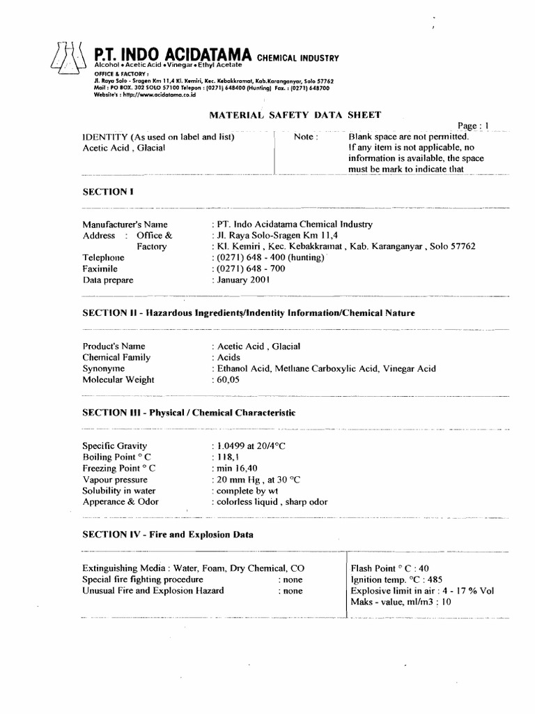 P.T. Indo Acidatama: Material Safety Data Sheet | PDF | Acetic Acid ...