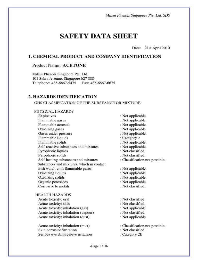 Acetone Safety Data Sheet Overview | PDF | Toxicity | Personal ...