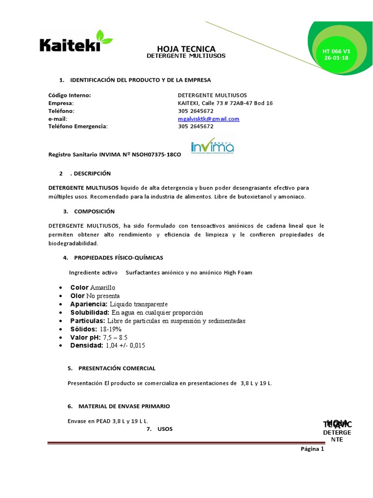 Ht-071 Detergente Multiusos Klear | PDF | Detergente | Tensioactivo
