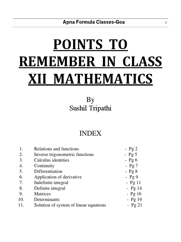 Class 12th Formulae | PDF | Maxima And Minima | Function (Mathematics)