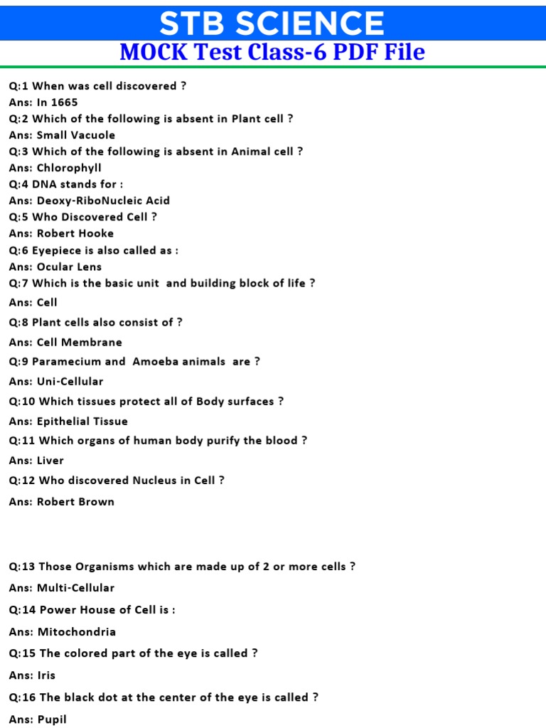 MOCK Test Class-6 PDF | PDF | Solution | Plants