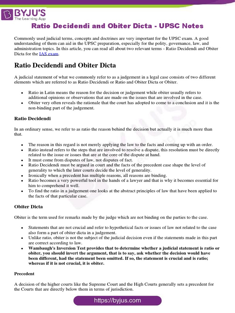 Ratio Decidendi and Obiter Dicta | PDF | Obiter Dictum | Precedent