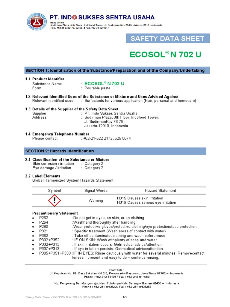 2 SDS - Ecosol N 702 U | PDF | Toxicity | Dangerous Goods