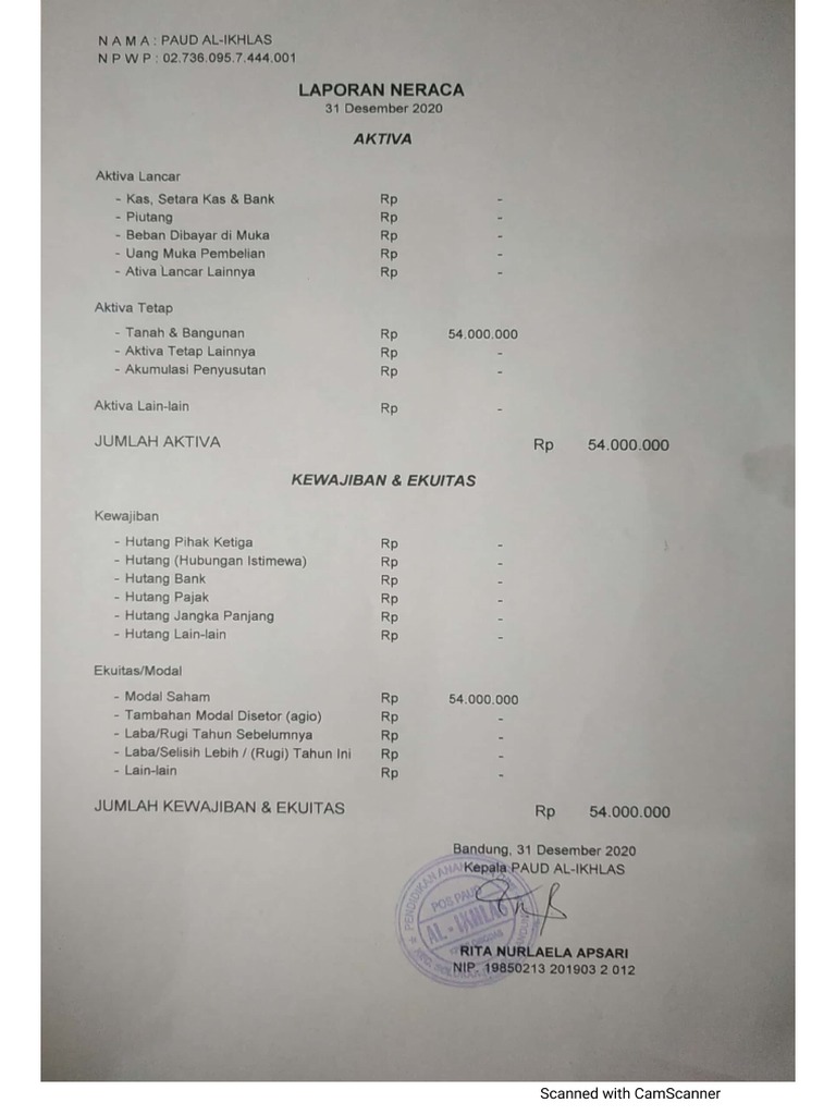 Laporan Neraca Rugi Laba PAUD Al-Ikhlas 2020 | PDF