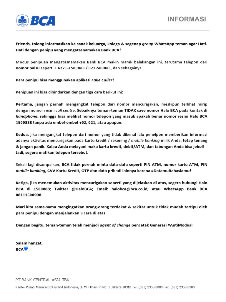 INFORMASI - Hati-Hati Penipuan Mengatasnamakan BCA - FIN | PDF INFORMASI - Hati-Hati Penipuan Mengatasnamakan BCA - FIN | PDF