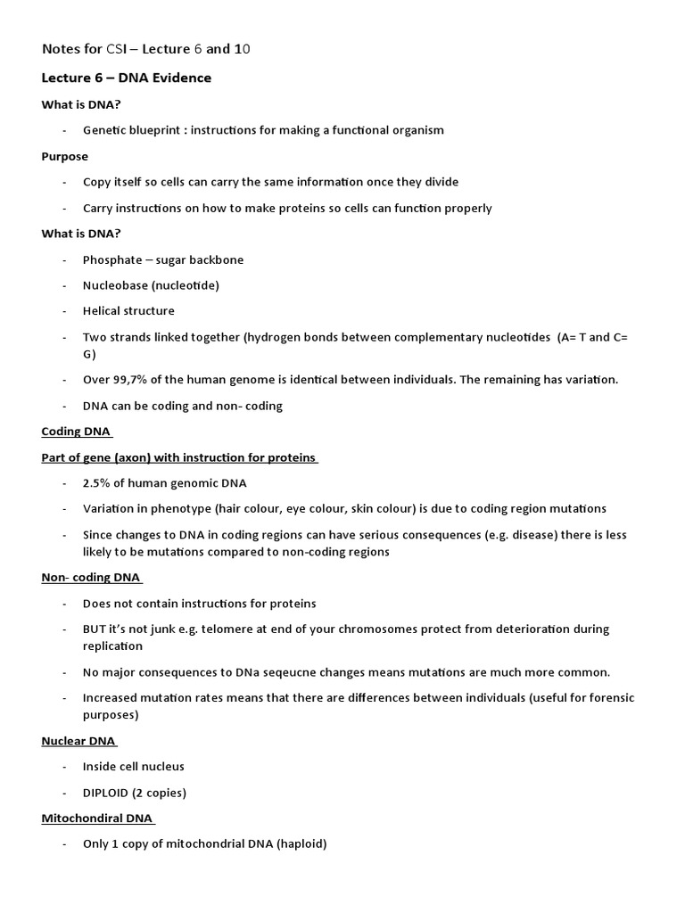 Notes Lectures 6 And10 CSI | PDF | Dna | Gene