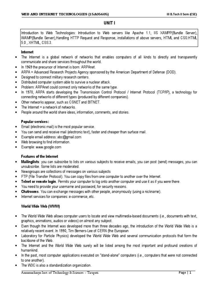Unit I: Web and Internet Technologies (15A05605) III B.Tech II Sem (CSE) | PDF | Html | World ...