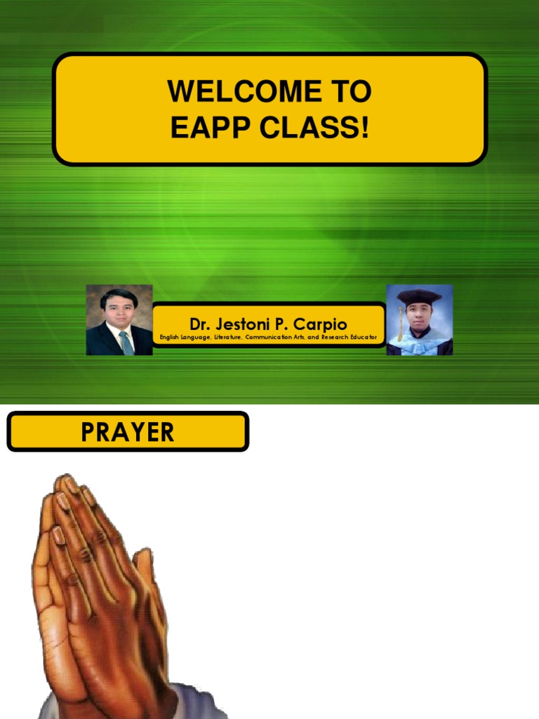 Welcome To Eapp Class!: Dr. Jestoni P. Carpio | PDF | Question | Information