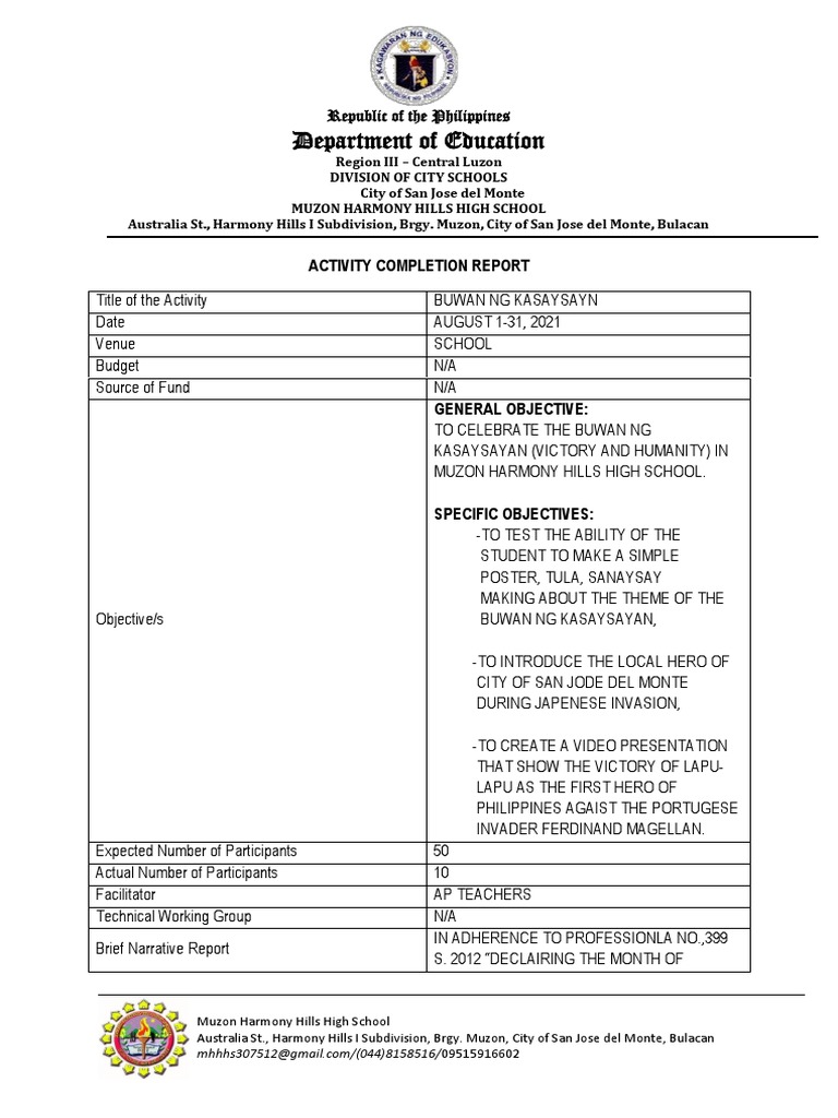 Activity - Completion - Report - Agosto - Buwan NG Kasaysayan AP Dept ...
