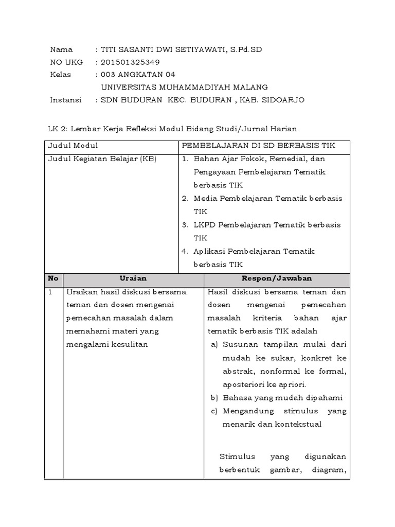 LK 2 - Lembar Kerja Refleksi Modul 6 TIK - TITI SASANTI-dikonversi | PDF