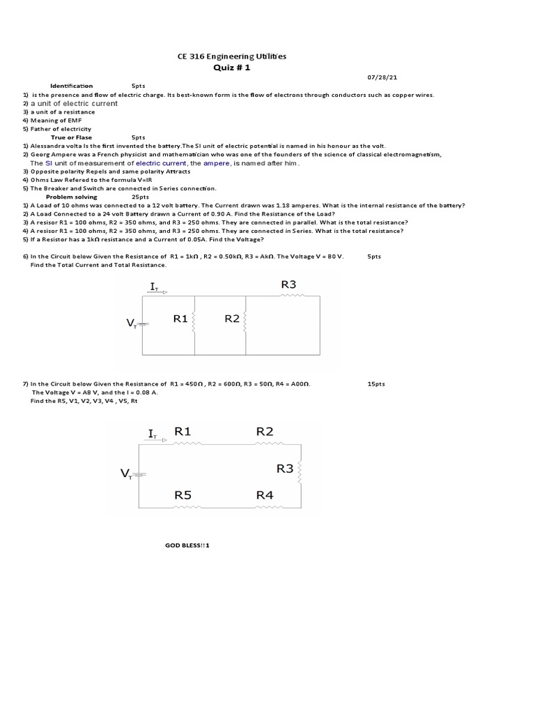 CE316 Quiz 1 Answerkey | PDF | Volt | Electrical Resistance And Conductance