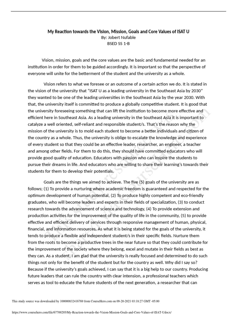 My Reaction Towards The Vision Mission Goals and Core Values of ISAT U ...