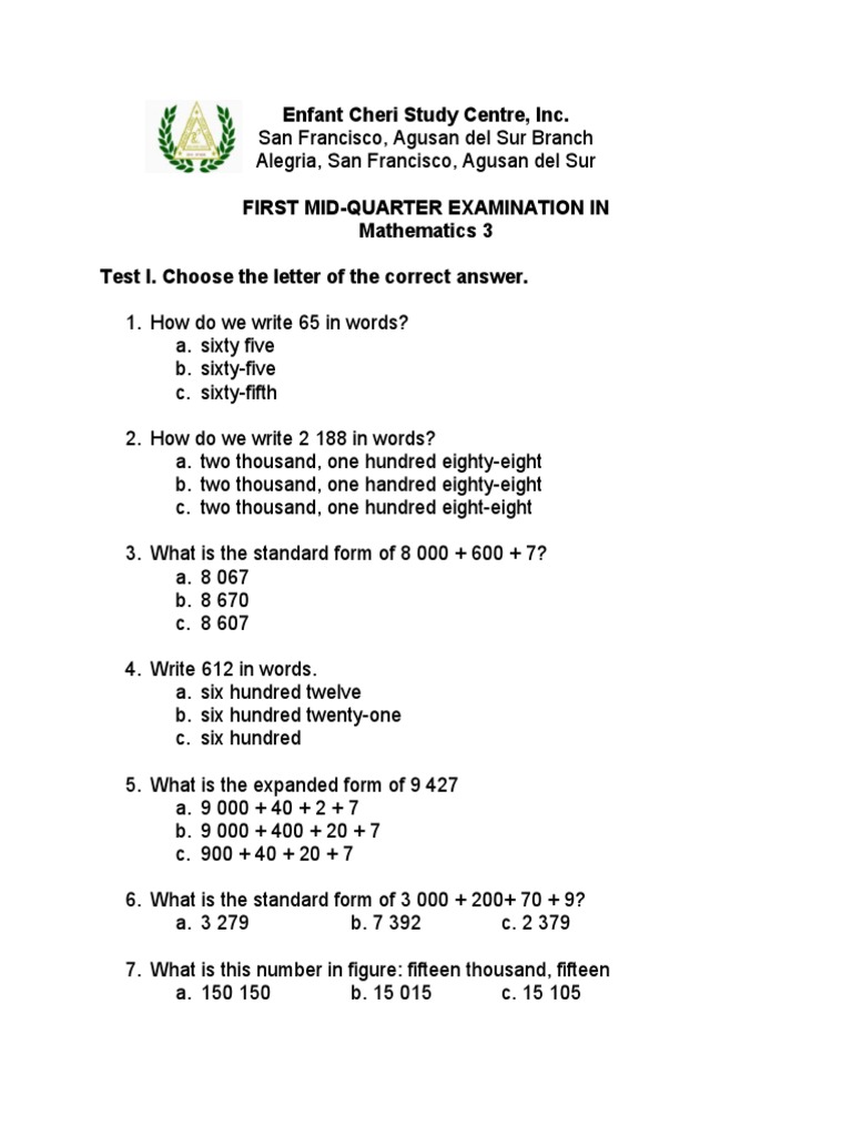 Grade 3 Mathematics Mid-Quarter Exam | PDF | Teaching Methods & Materials
