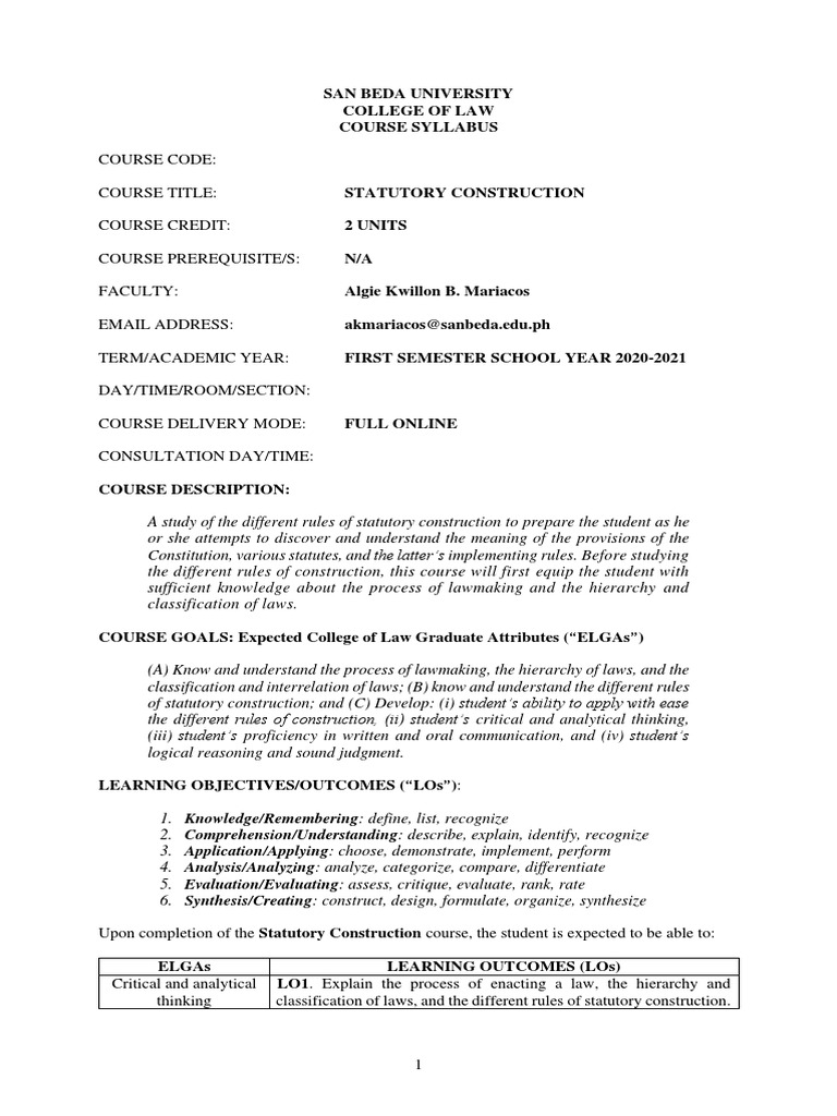 Statutory Construction Syllabus | PDF | Statutory Interpretation | Test ...