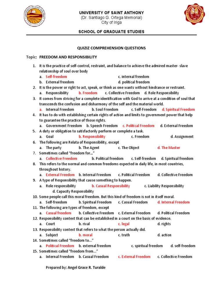 Freedom & Responsibility Quiziz Questions-TURALDE | PDF | Political Freedom | Spirituality