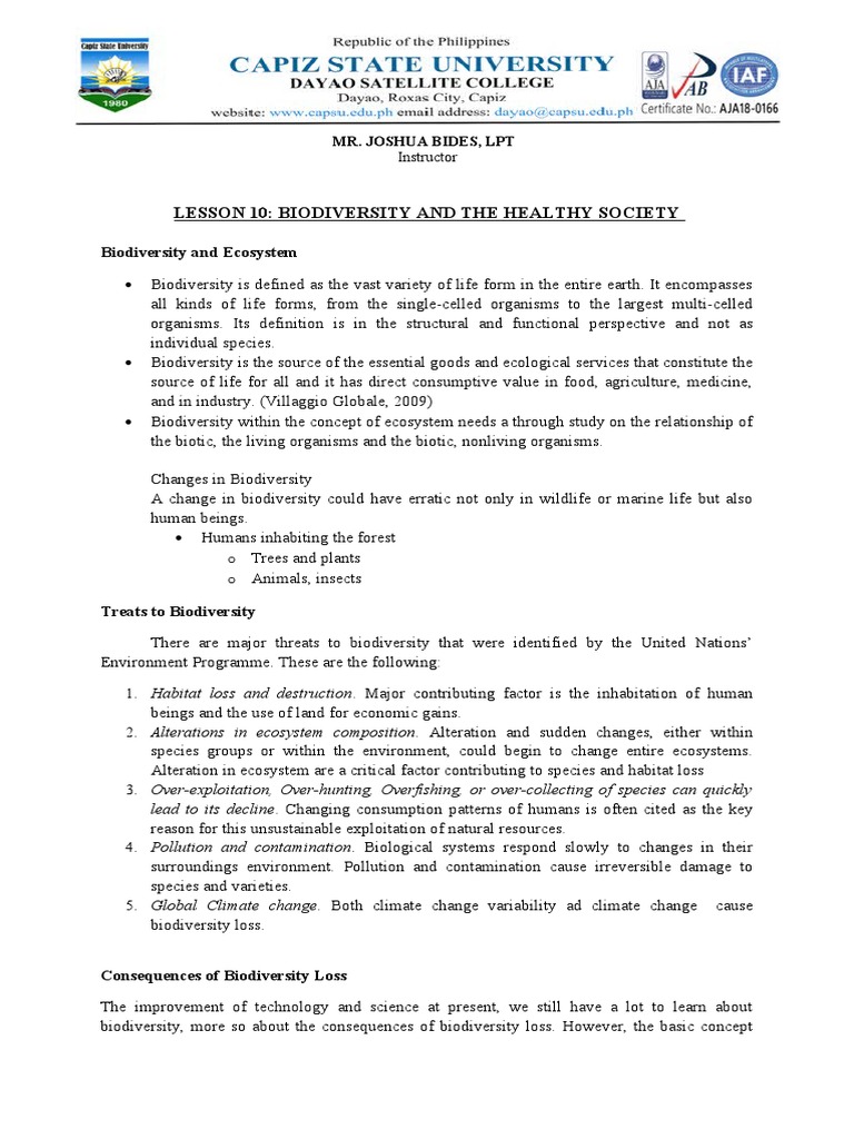 Lesson 10: Biodiversity and The Healthy Society | PDF | Biodiversity ...