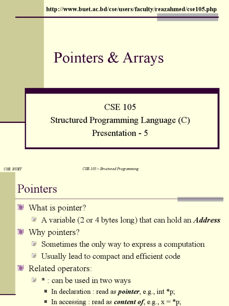 Pointers And Arrays Cse 105 Structured Programming Language C Presentation 5 Download Free