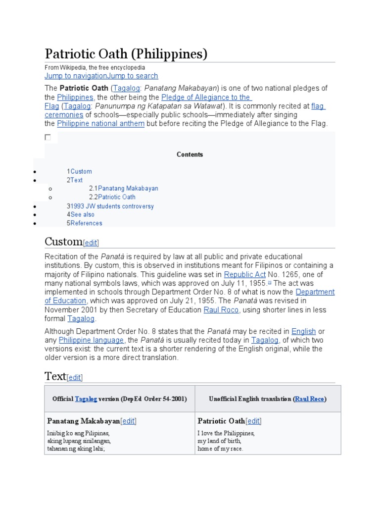 Patriotic Oath (Philippines) : Custom | PDF