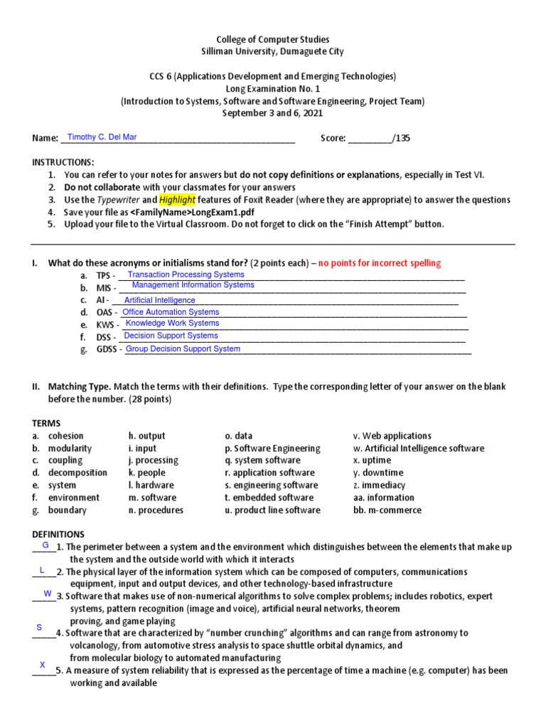 I. What Do These Acronyms or Initialisms Stand For? (2 Points Each ...