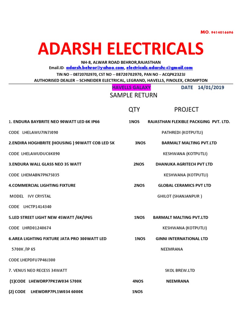 Adarsh Electricals: Sample Return Qty Project | PDF | Technology & Engineering
