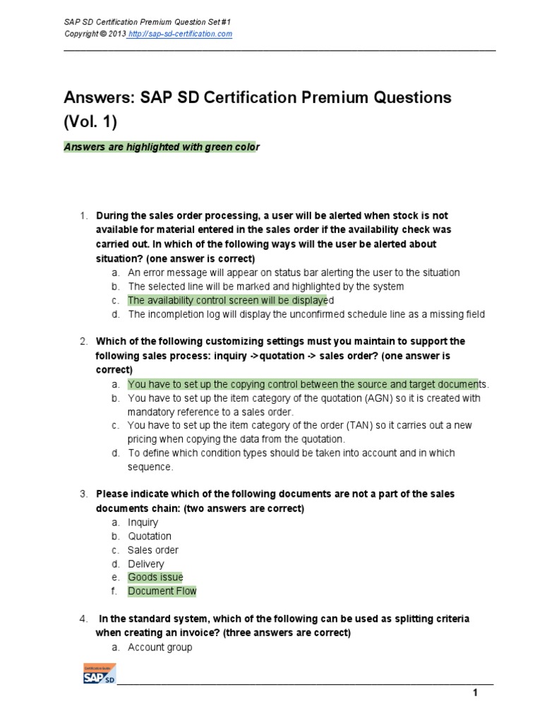 Answers: SAP SD Certification Premium Questions (Vol. 1) : Answers Are ...