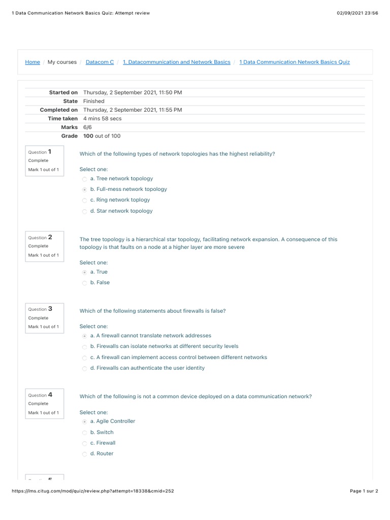 1 Data Communication Network Basics Quiz: Attempt Review | PDF | Computer Network | Network Topology