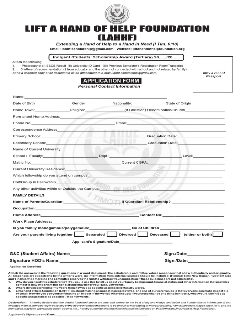 Lift A Hand of Help Foundation (Lahhf) : Application Form | PDF