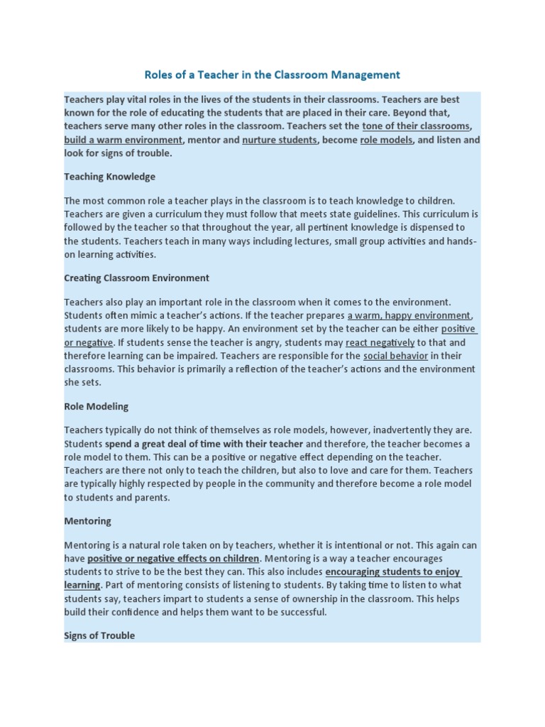 Roles Of A Teacher In The Classroom Management PDF Teachers