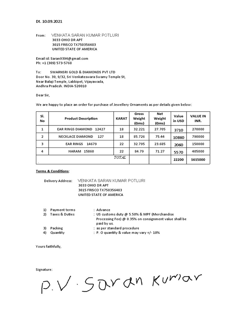Venkata Saran Kumar Potluri PURCHASE ORDER | PDF