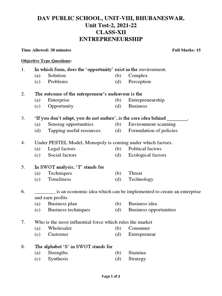XII-Entrepreneurship Unit Test-2, 2021-22 | PDF | Swot Analysis ...