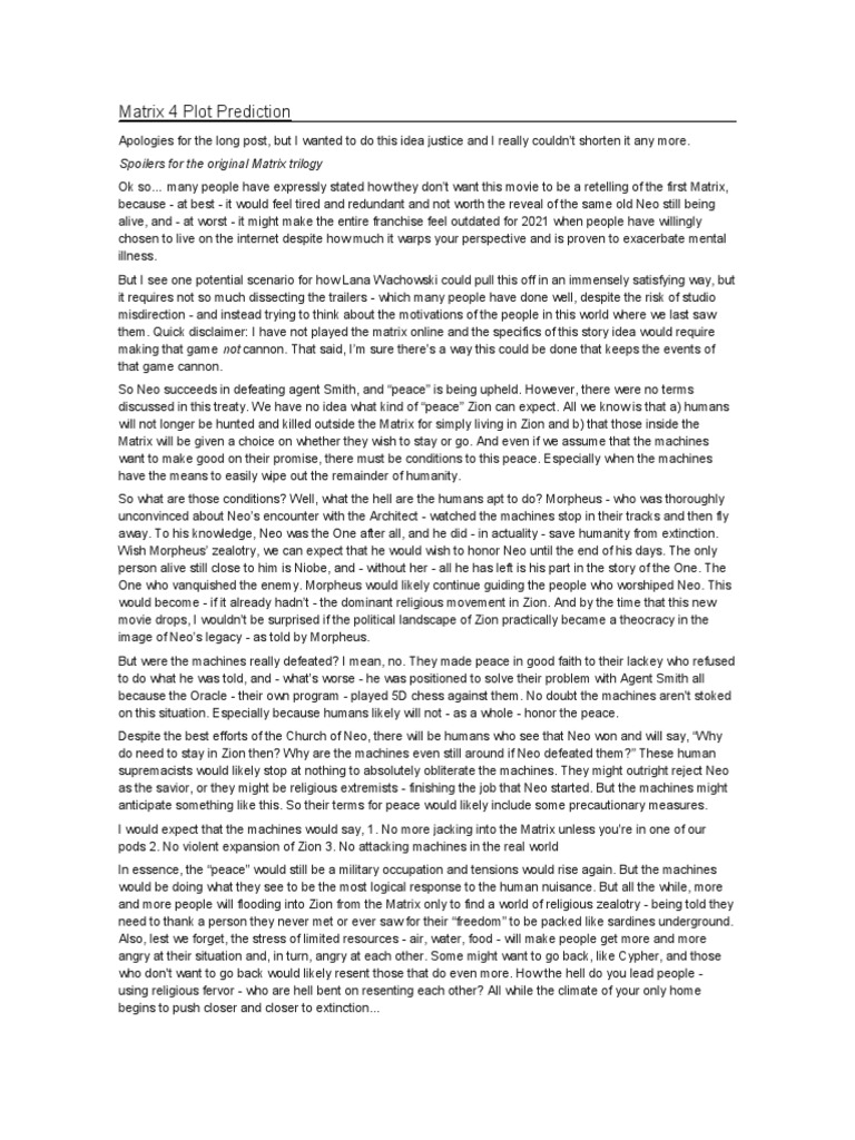 Matrix 4 Plot Prediction: Spoilers For The Original Matrix Trilogy | PDF