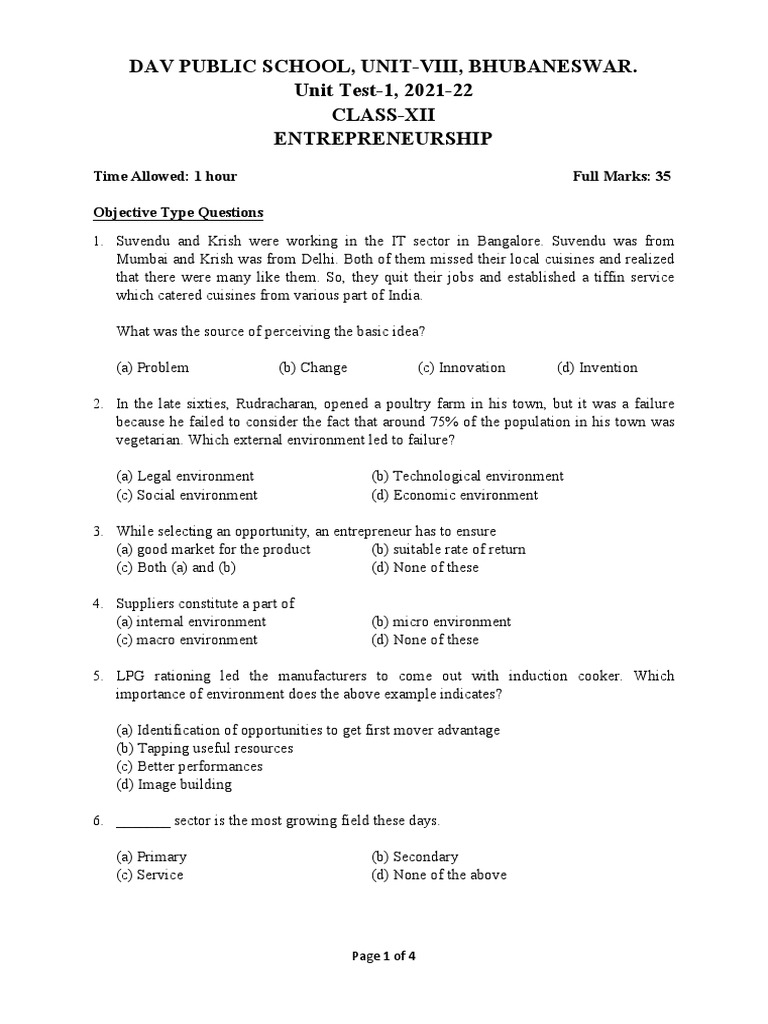 XII-Entrepreneurship 1st Unit Test 2021-22 | PDF | Entrepreneurship | Goods