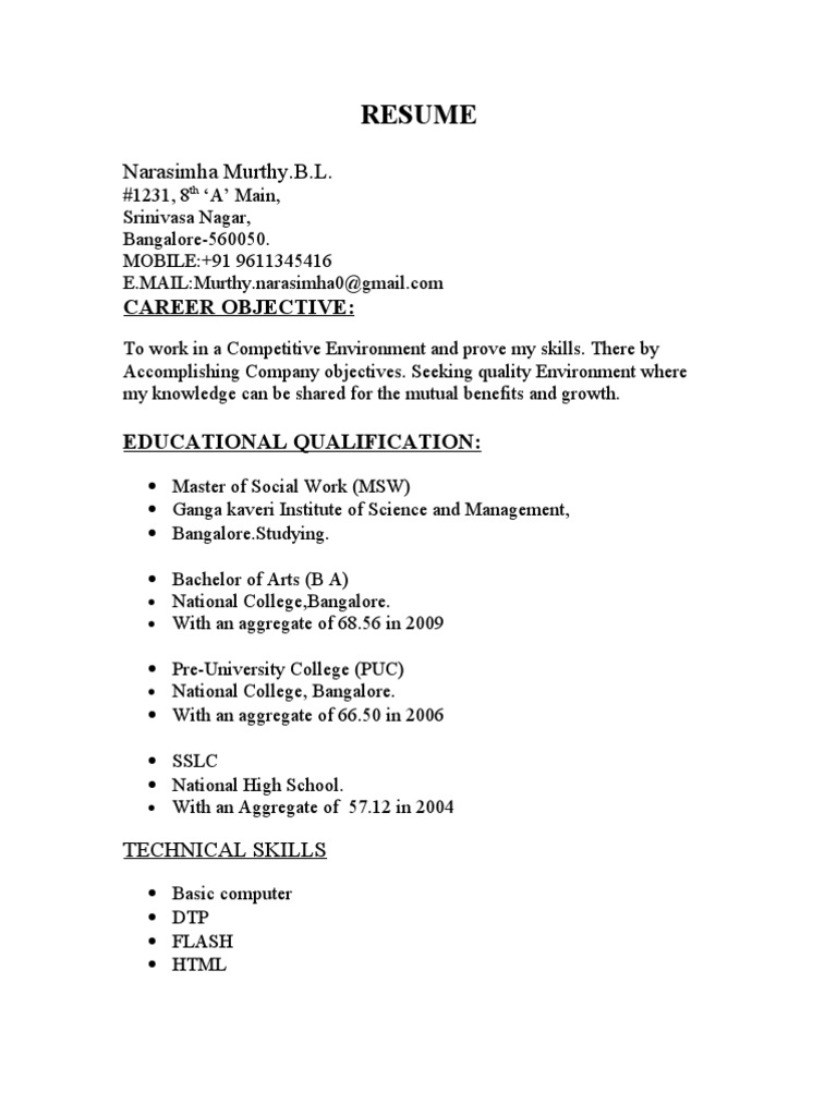 Narasimha Murthy's Social Work Resume | PDF
