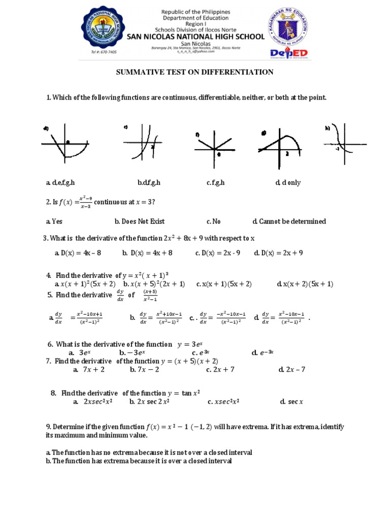 Summative Test In Basic Calculus Differentiation Pdf Derivative 6905