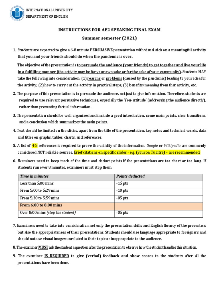 AE2 Speaking Exam Guidelines | PDF | Information | English As A Second ...