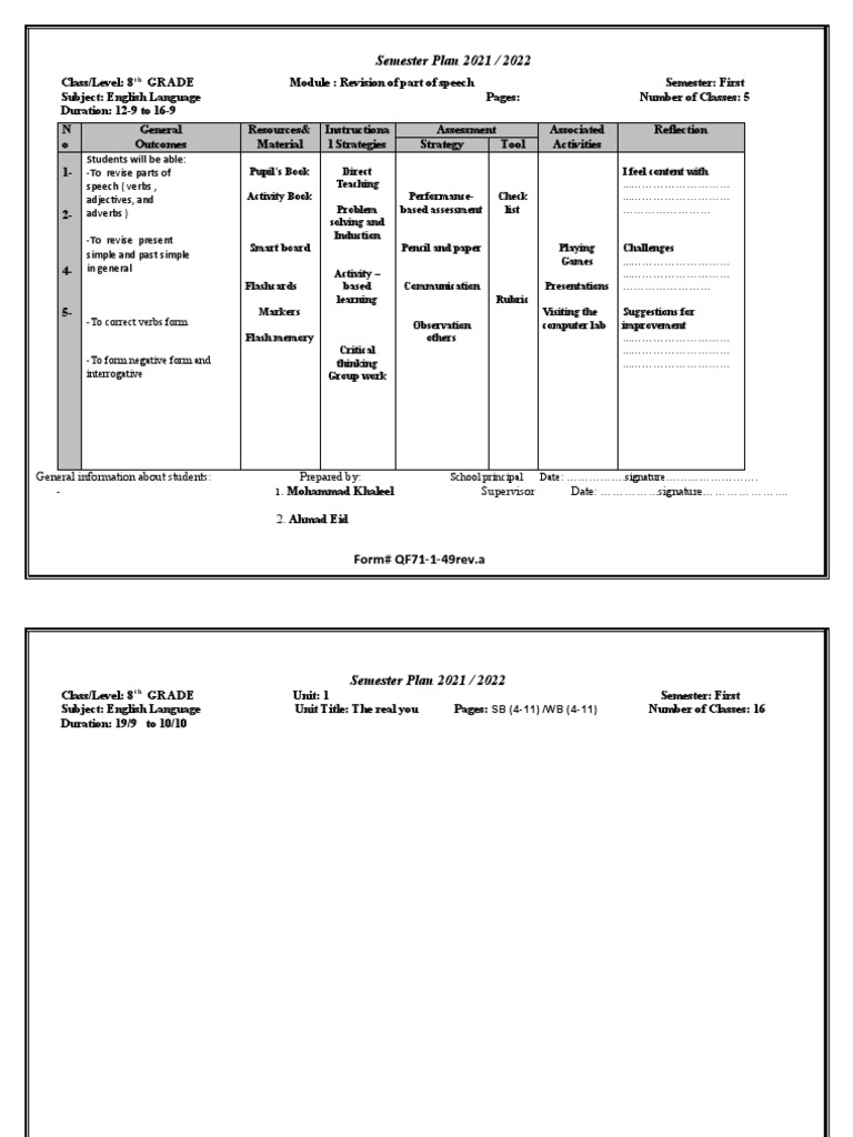 Semester Plan 2021 / 2022: Form# QF71-1-49rev.a | Download Free PDF ...