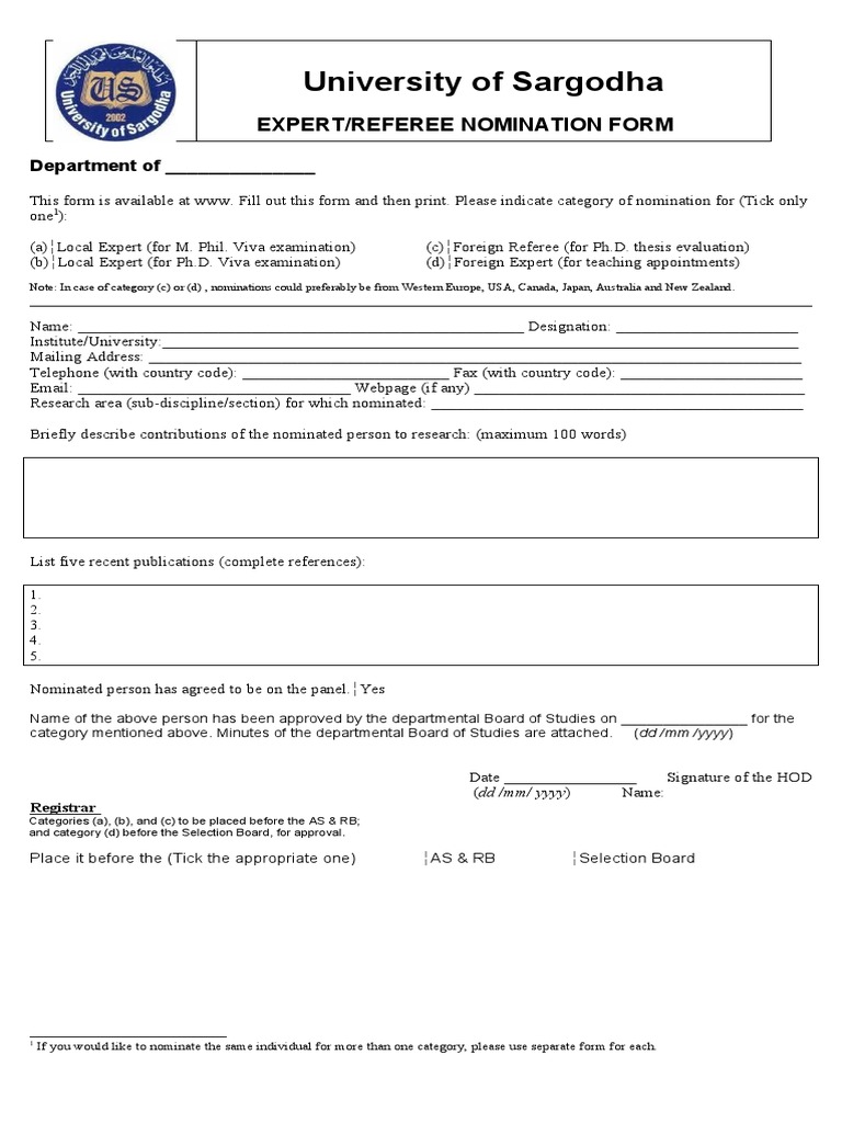 University of Sargodha: Expert/Referee Nomination Form | PDF