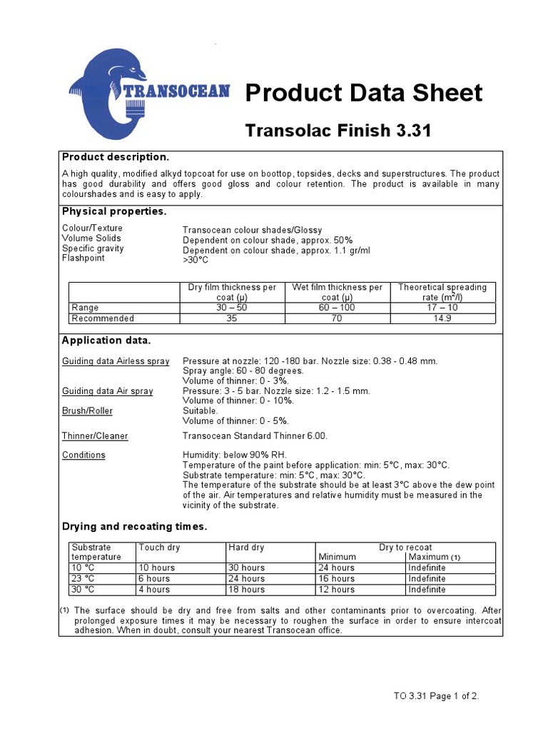 Product Data Sheet: Transolac Finish 3.31 | PDF | Paint | Humidity