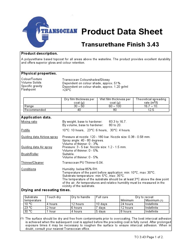 Product Data Sheet: Transurethane Finish 3.43 | PDF | Paint | Materials