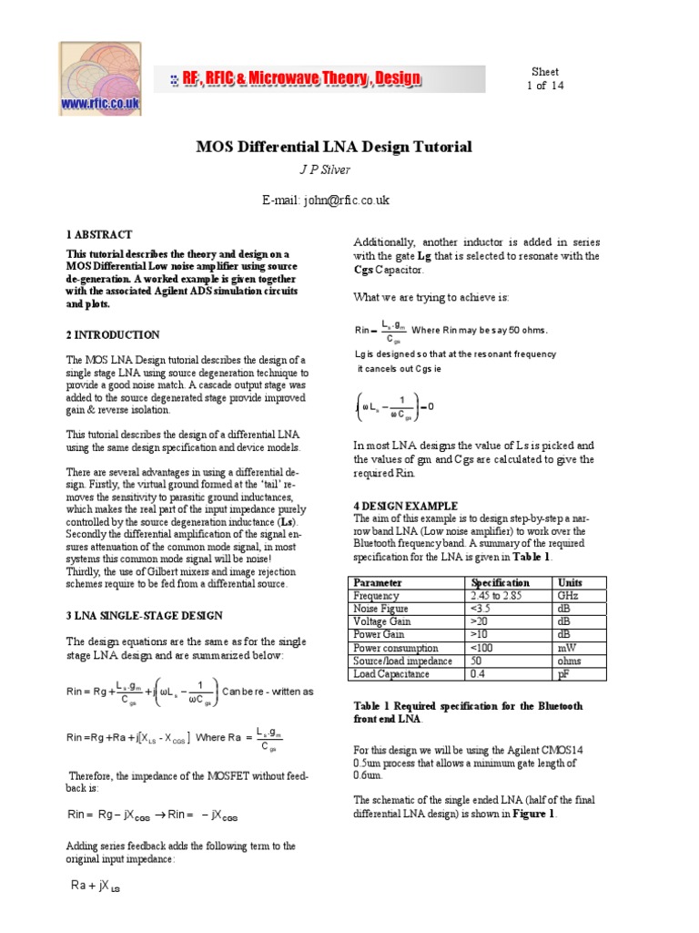 MOS Differential LNA Design Tutorial | PDF | Amplifier | Electronic ...