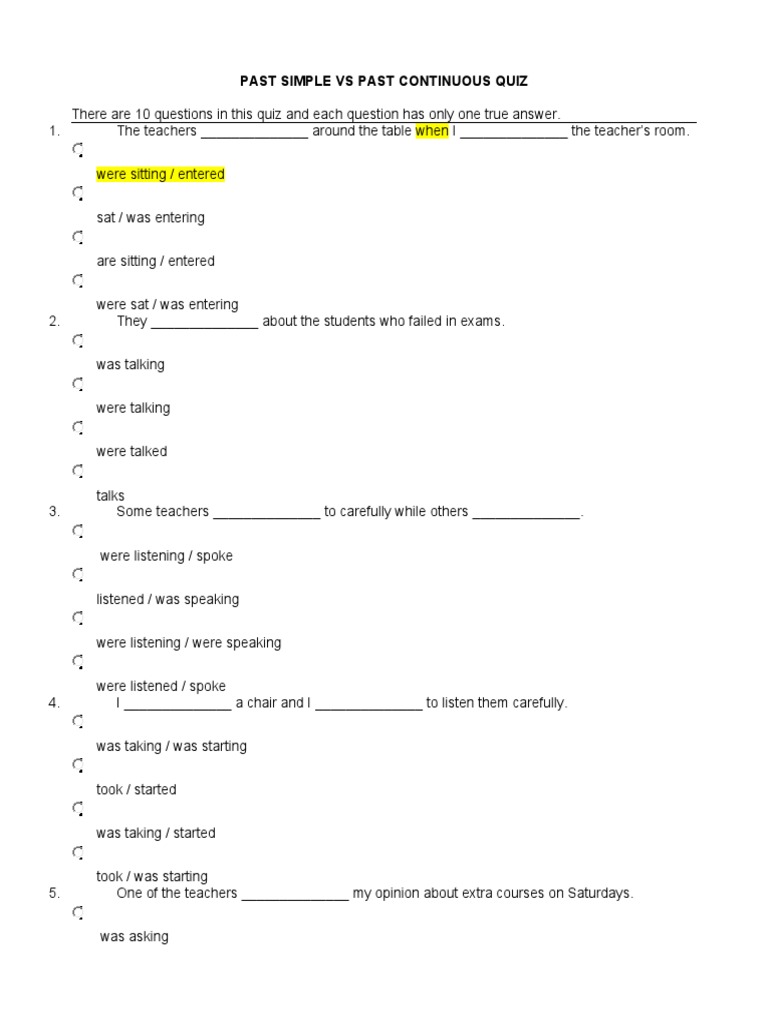 Past Simple VS Past Continuous - Quiz | PDF