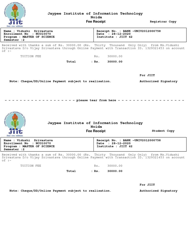 JIIT Tuition Fee Receipt for 2020 | PDF