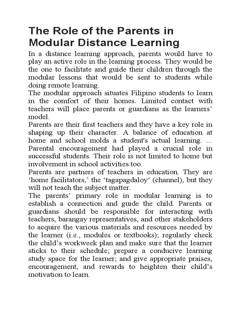 The Role of The Parents in Modular Distance Learning | PDF | Teachers ...